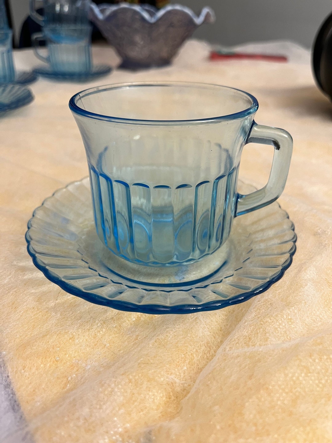 Forte Crisa Azure Mexico Glass Cups and Soucers / Blue Glassware / 9 ...