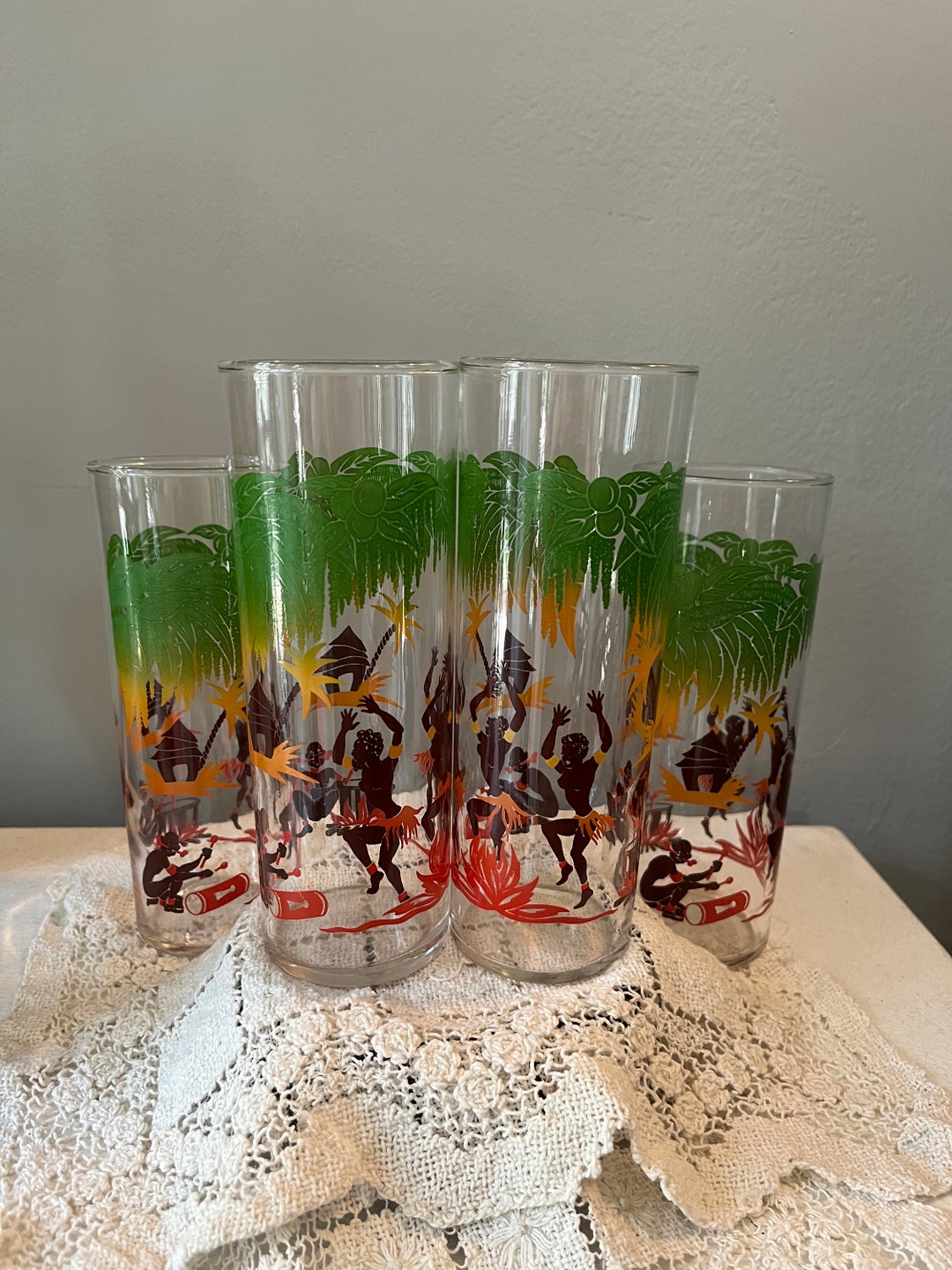 Federal Glass Caveman Glasses - Three Drinking Glasses - Barware - Tiki ...