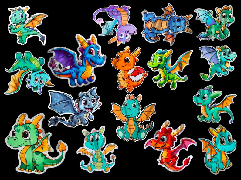 Printable Stickers- Cute Flying Dragons- DIGITAL DOWNLOAD, PNG ...