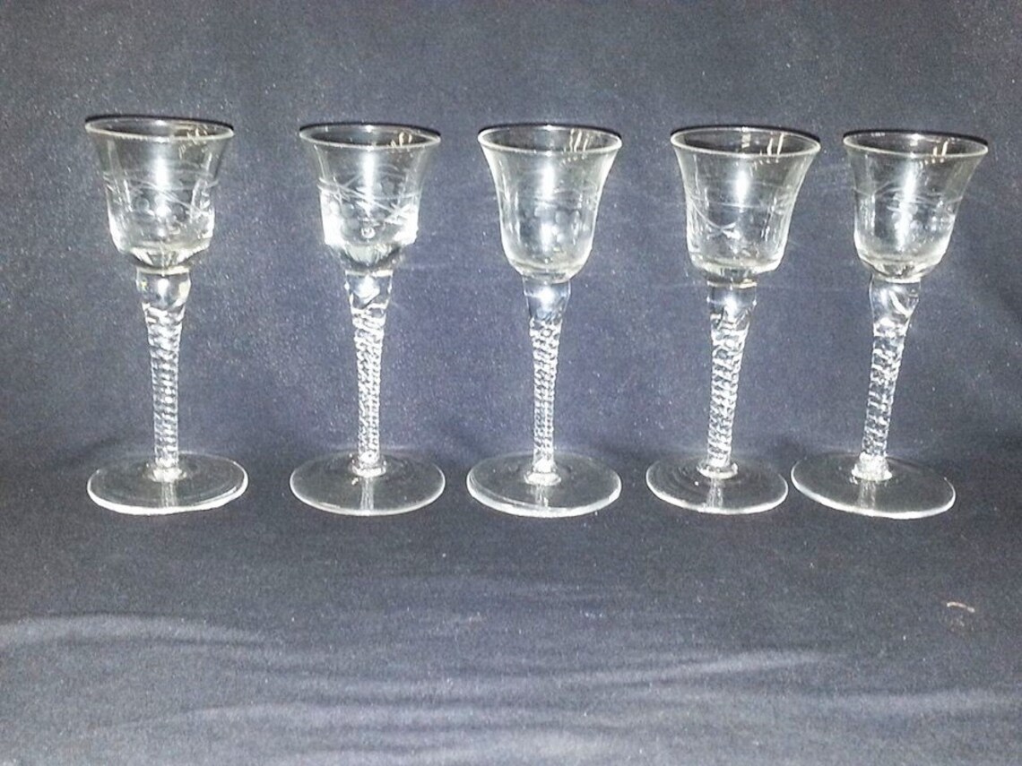 Vintage Set Of 5 Crystal Handcrafted Twisted Stem Cordial Etsy