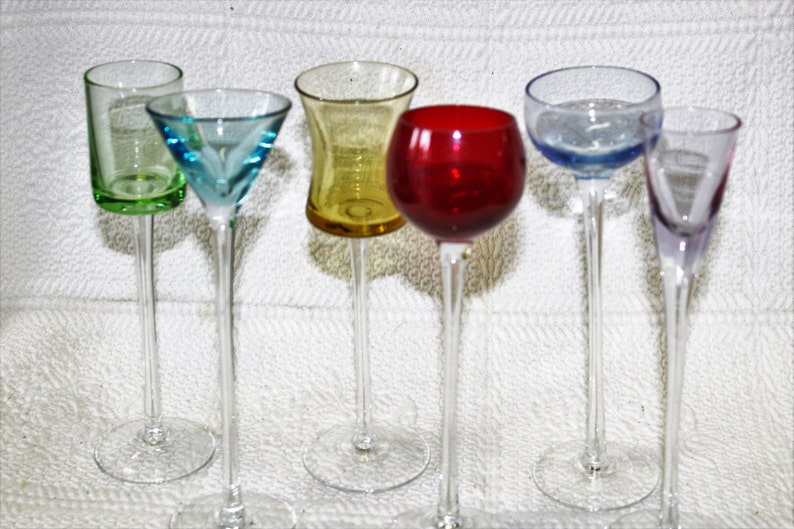 Set Of 6 Long Stem Mouth Blown Crystal Cordialsshot Glasses 7 Etsy