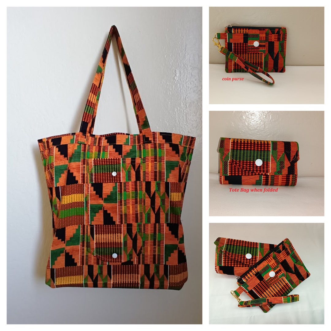 2pc Kente African Fabric Tote Bag Set: Foldable Eco Grocery Market Bag ...