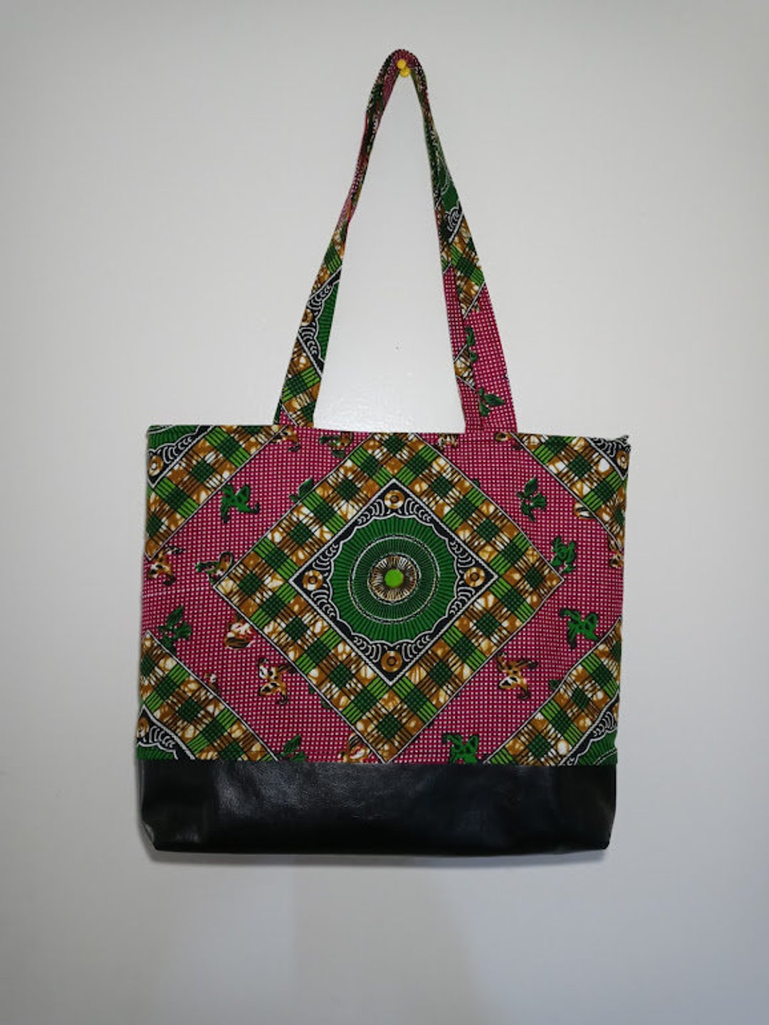 African Pattern Tote Bag, Faux Leather Accent, Shoulder Bag With ...