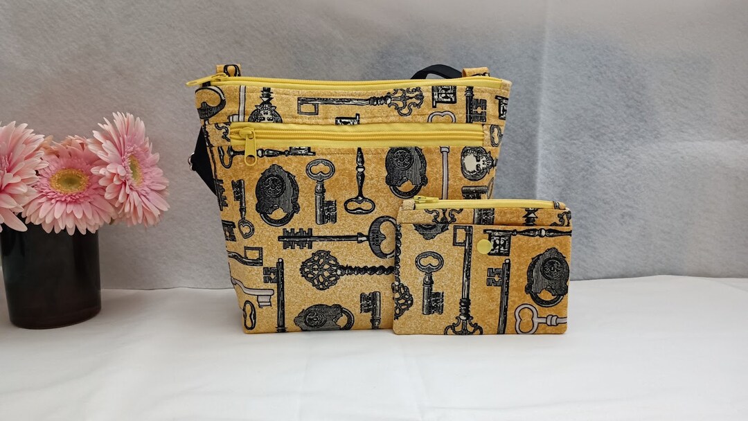 2pc Antique Keys Crossbody Bag With Matching Coin Purse, Front Zippered ...