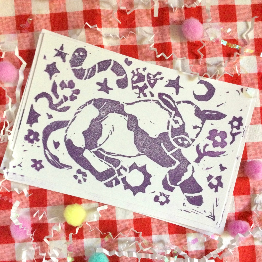 Cute Cow Print 4 by 6 Inch Mini Cow Linocut Print - Etsy