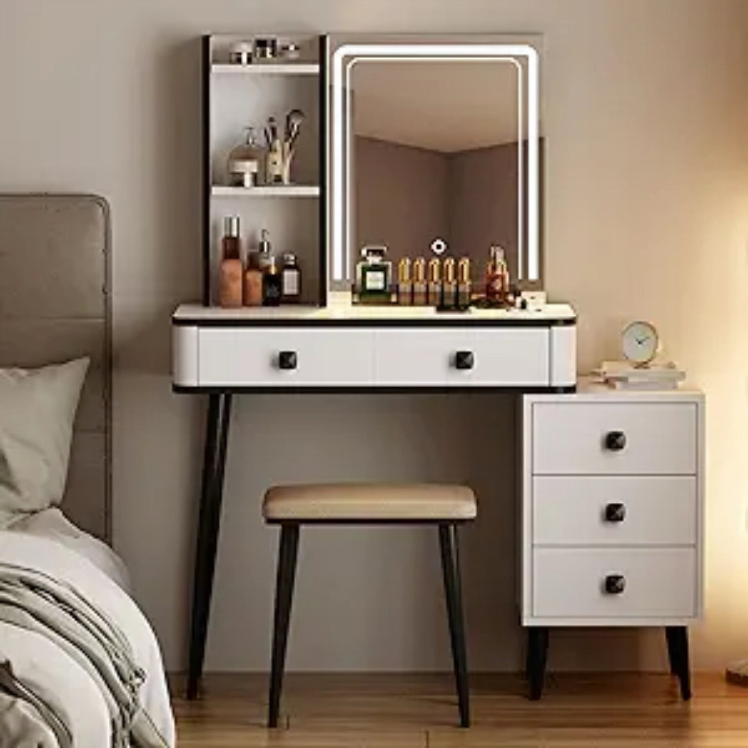 Dressing Table Set With LED Mirror and Cushioned Stool, With Cabinets ...