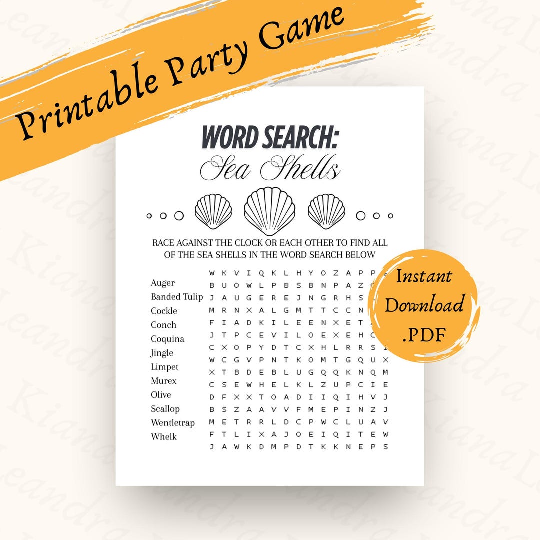 Word Search Sea Shells Game - Printable Party Game - Social Gathering ...