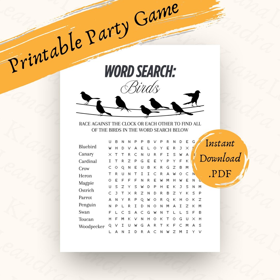 Word Search Birds Game - Printable Party Game - Social Gathering Event ...