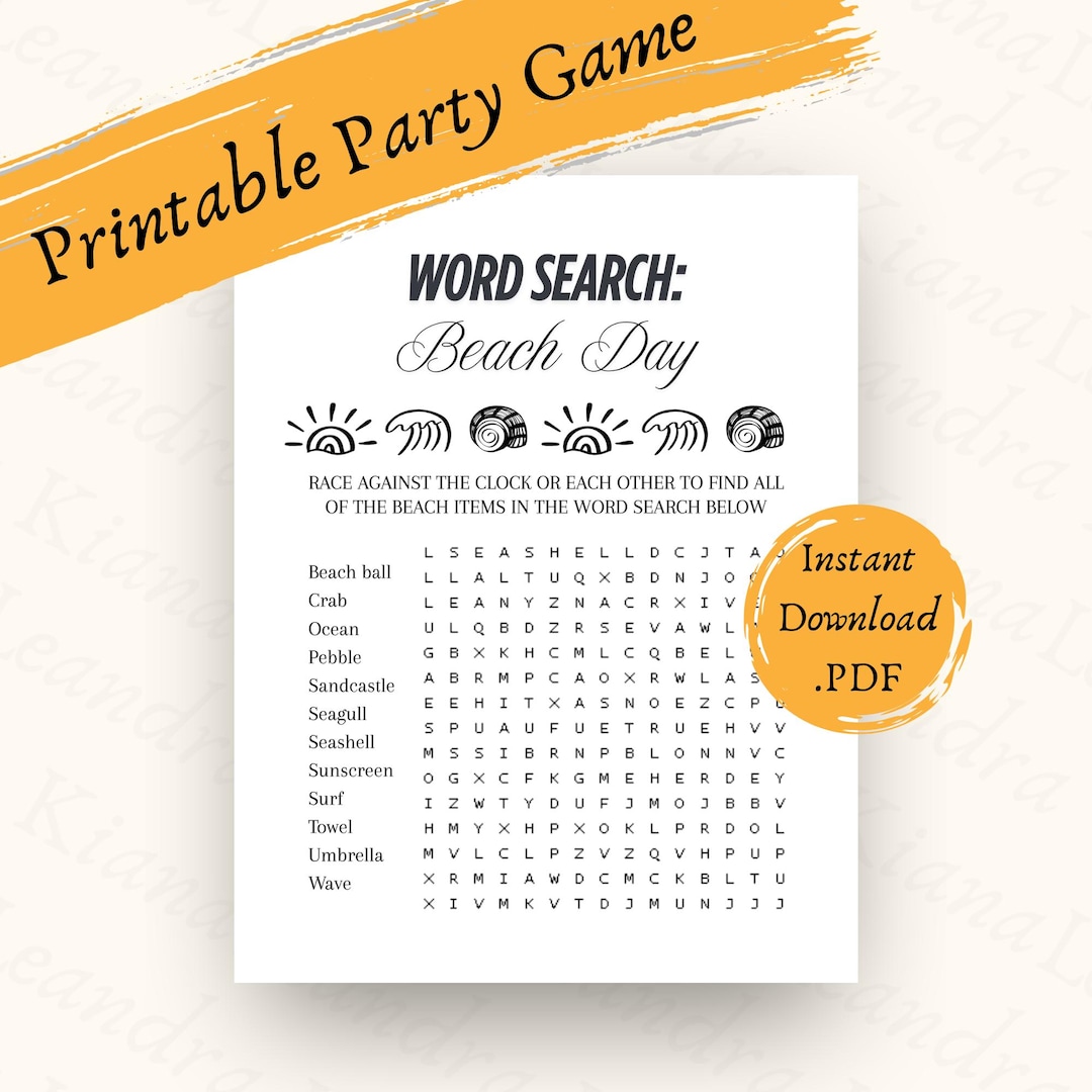 Word Search Beach Day Game - Printable Party Game - Social Gathering ...