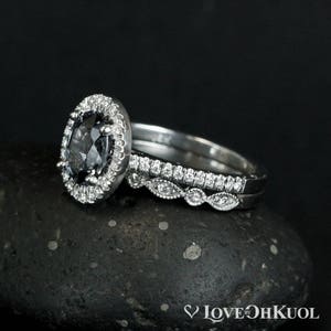 Halo Diamond Natural Grey Spinel Ring - Hand Milgrain Wedding Band ...