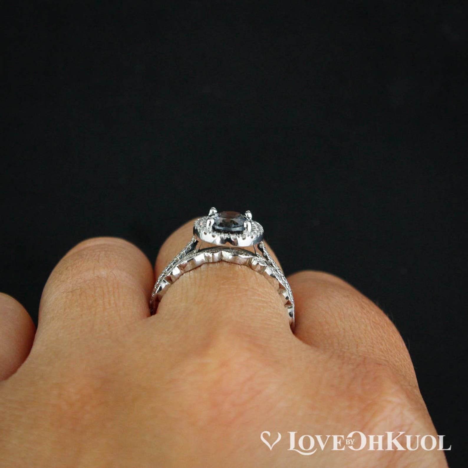 Halo Diamond Natural Grey Spinel Ring - Hand Milgrain Wedding Band ...