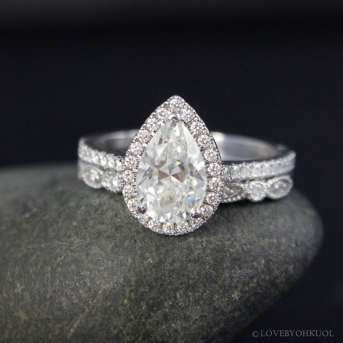 Forever One White Gold Vintage Pear Cut Moissanite Halo Diamond ...