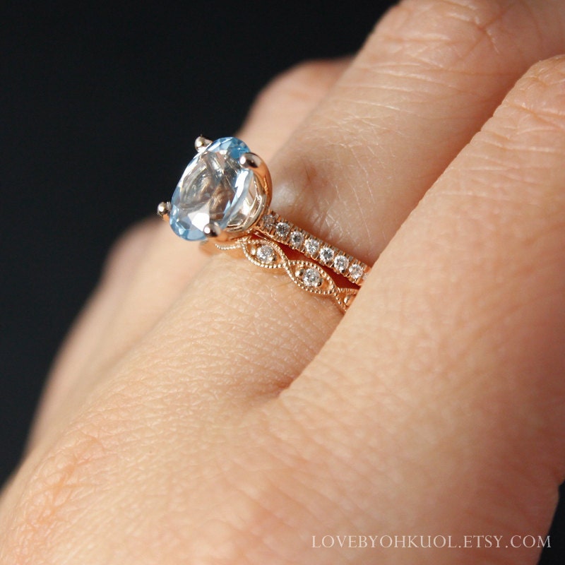 Prong-set Blue Aquamarine Engagement Ring Set - Diamond Wedding Band ...