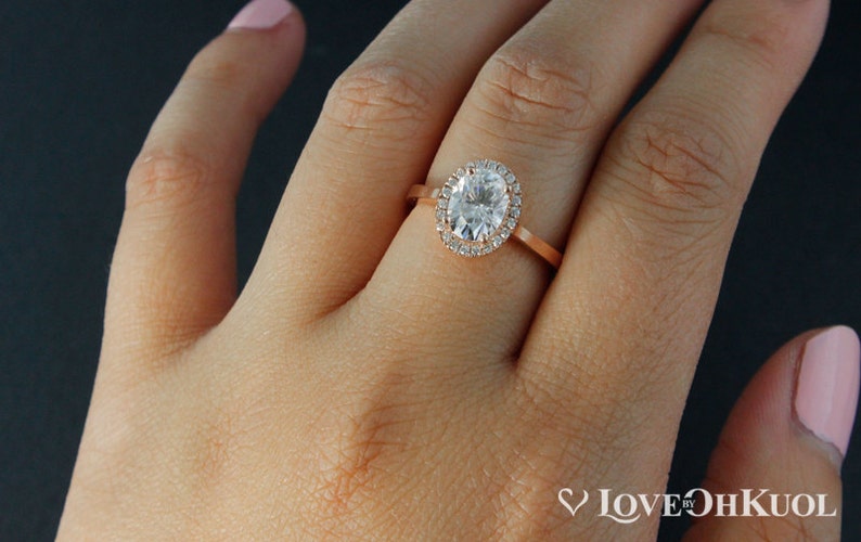 Forever One Colorless Halo Diamond Oval Moissanite Engagement Ring ...