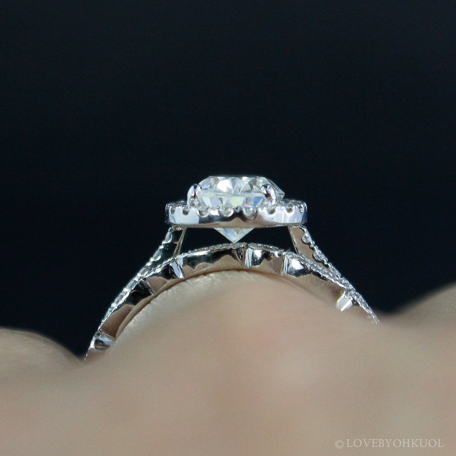 Forever One White Gold Vintage Pear Cut Moissanite Halo Diamond ...