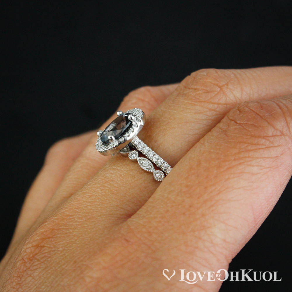 Halo Diamond Natural Grey Spinel Ring - Hand Milgrain Wedding Band ...