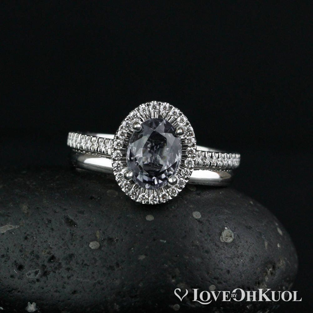Gray Spinel Engagement Ring - Halo Diamond Setting - Comfort Fit ...