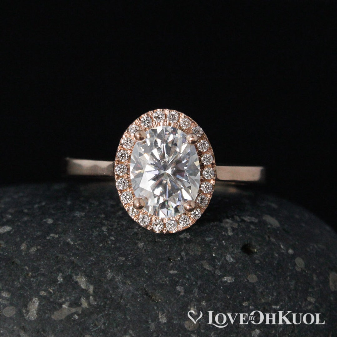 Forever One Colorless Halo Diamond Oval Moissanite Engagement Ring ...