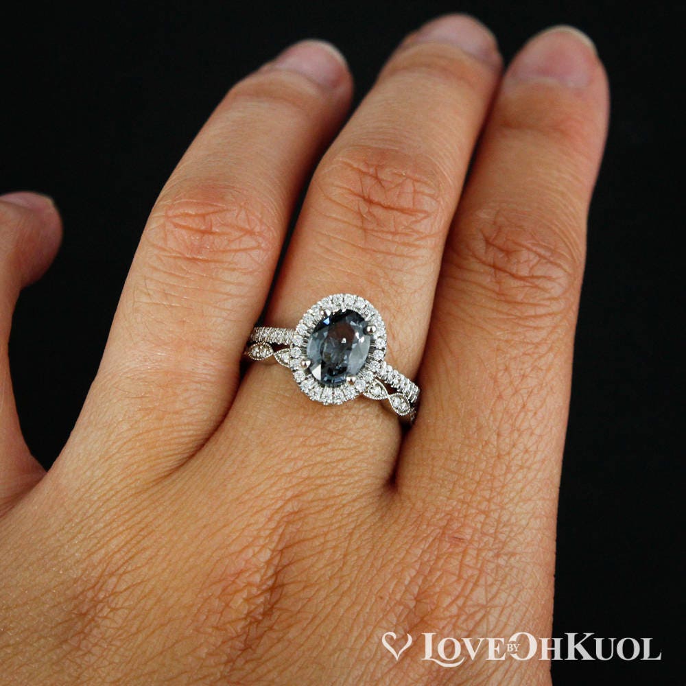 White Gold Gray Spinel Engagement Ring - Halo Diamonds - Double Diamond ...