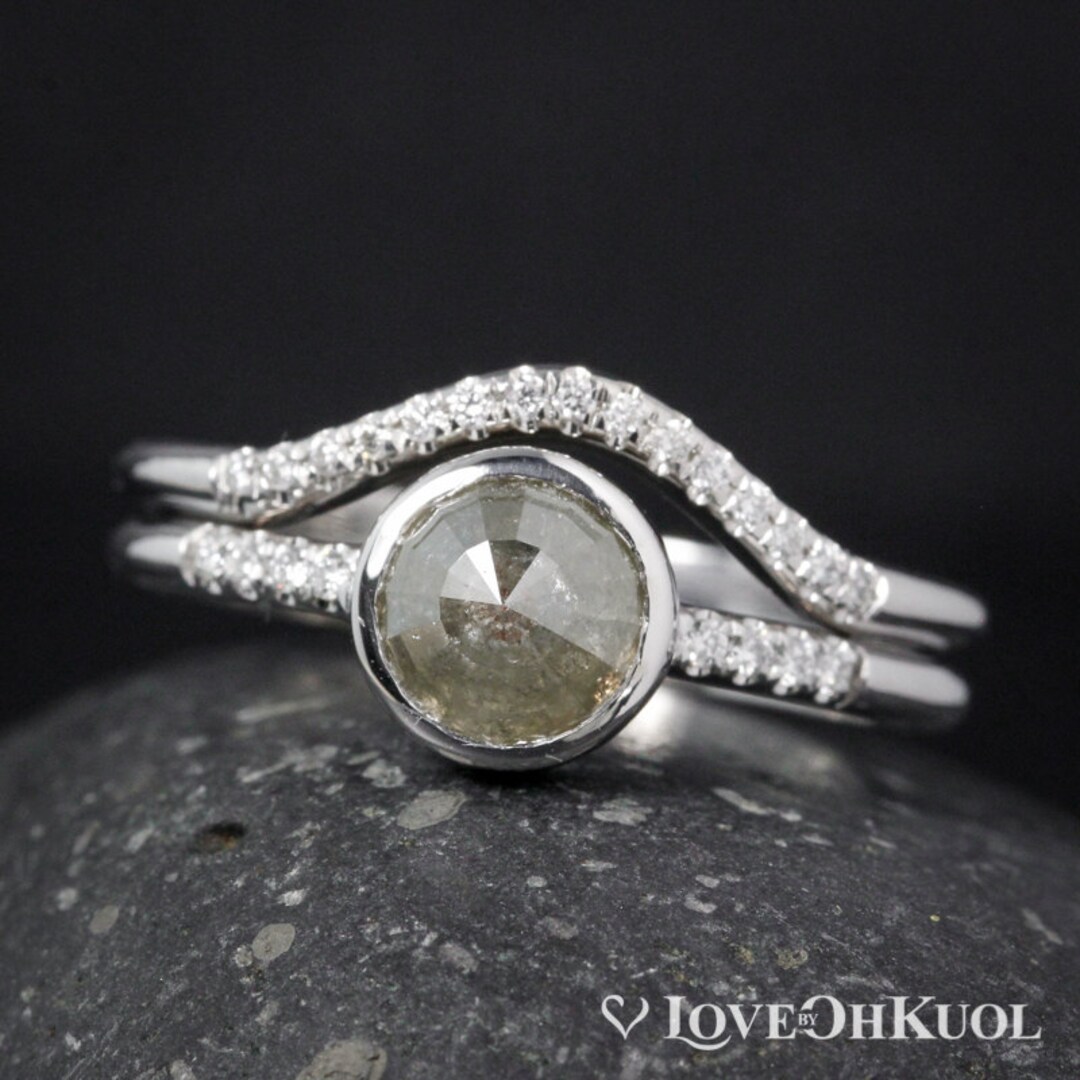 White Gold Grey Diamond Ring - Grey Rose Cut Diamond - Curved Band ...