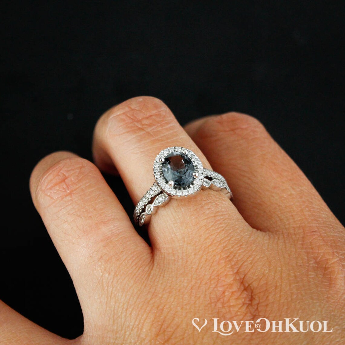 Halo Diamond Natural Grey Spinel Ring - Hand Milgrain Wedding Band ...