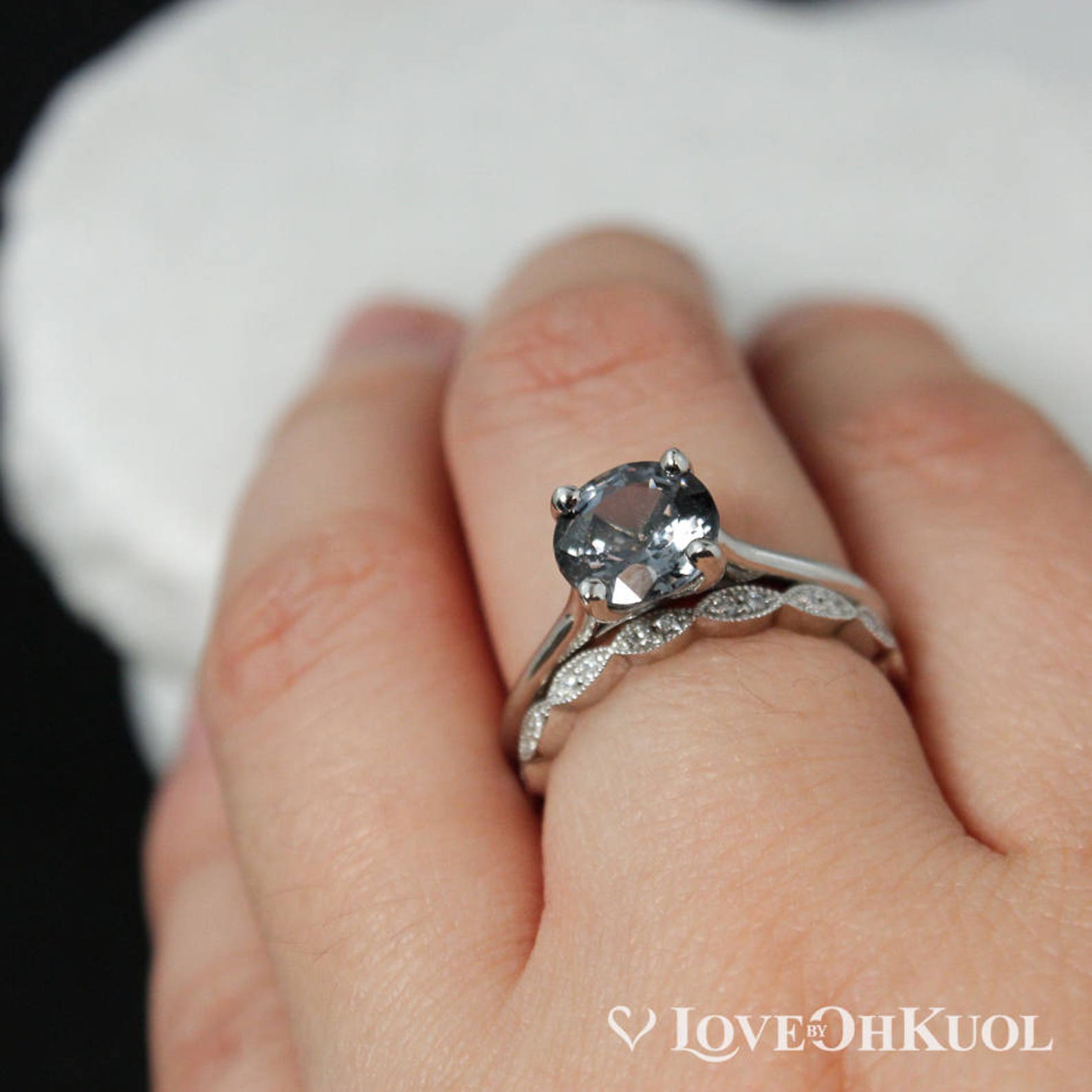 Grey Spinel Engagement Ring Double Diamond Leaf Wedding Band - Etsy