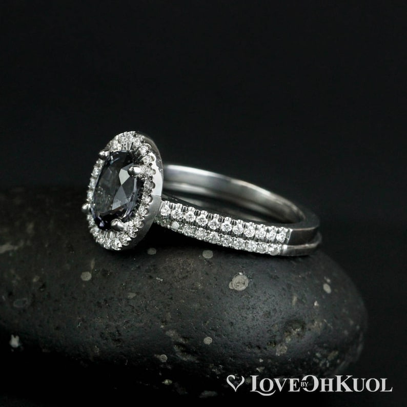 Oval Grey Spinel Ring Halo Diamond Engagement Ring Half - Etsy