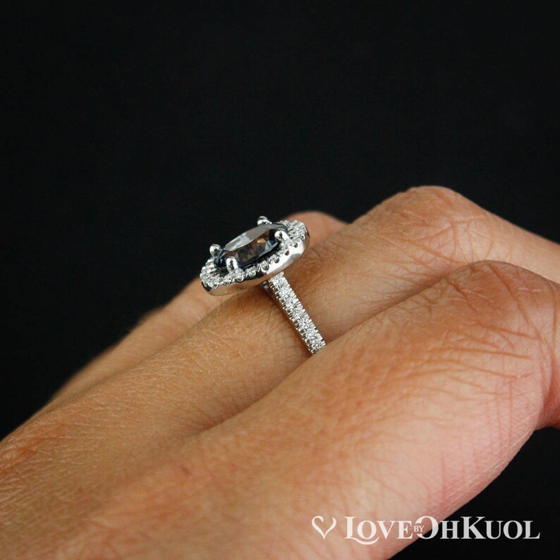 Halo Diamond Gray Spinel Engagement Ring - Oval Cut Grey Spinel - Half ...