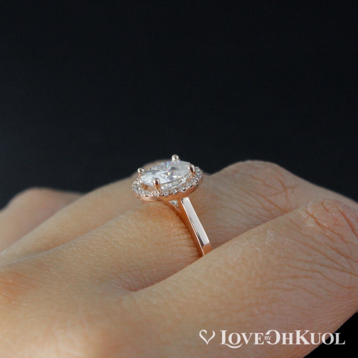 Forever One Colorless Halo Diamond Oval Moissanite Engagement Ring ...