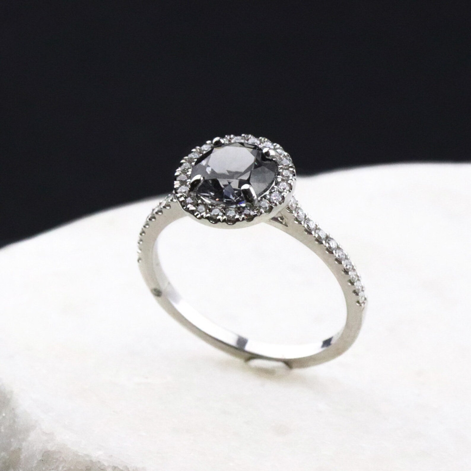 White Gold Diamond Halo Titanium Grey Spinel Engagement Ring | Etsy