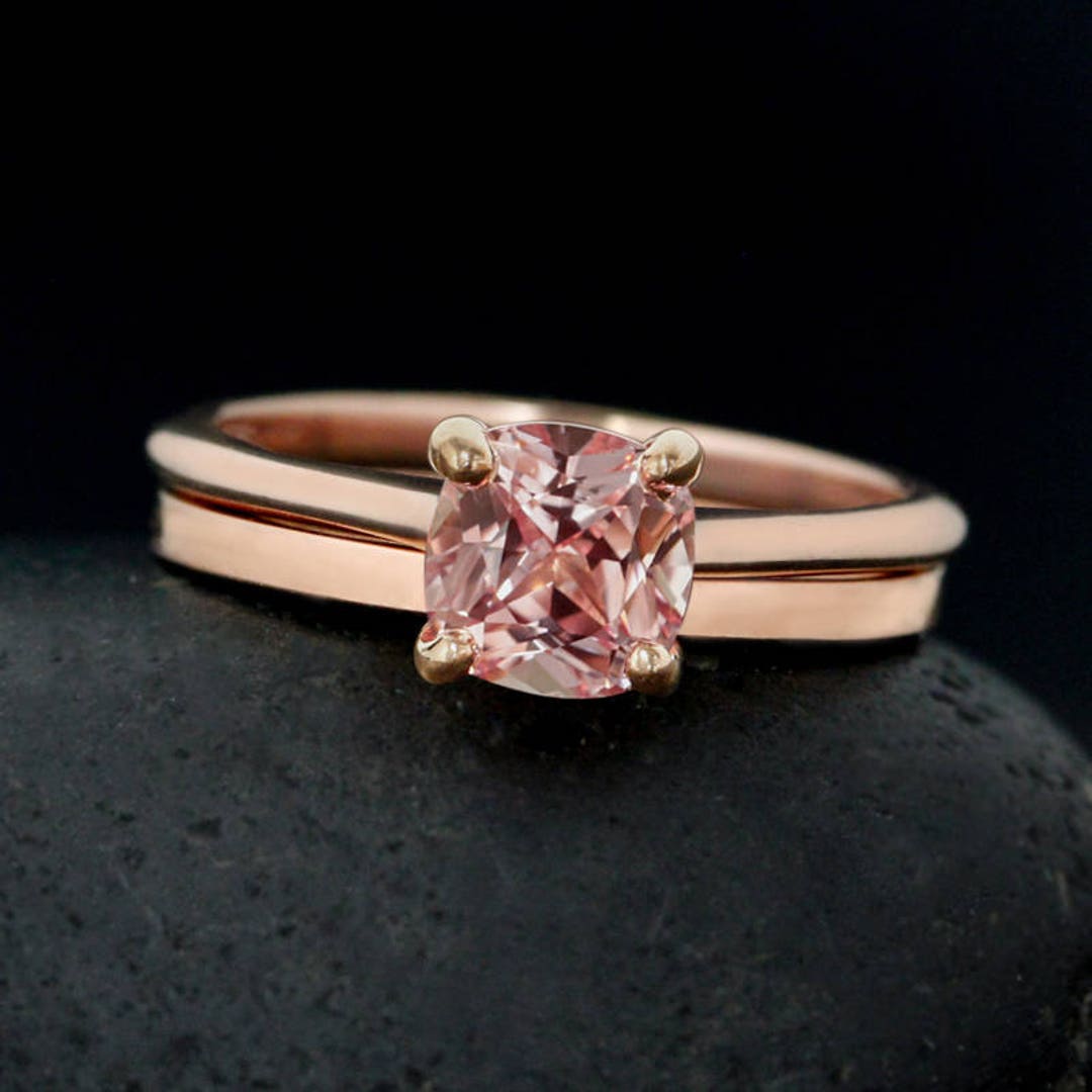 Rose Gold Peach Sapphire Engagement Ring Set: 1.30 Carat Cushion Cut - Etsy