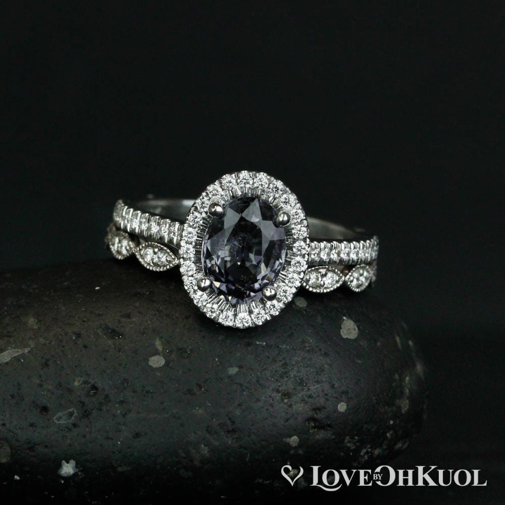 White Gold Gray Spinel Engagement Ring - Halo Diamonds - Double Diamond ...