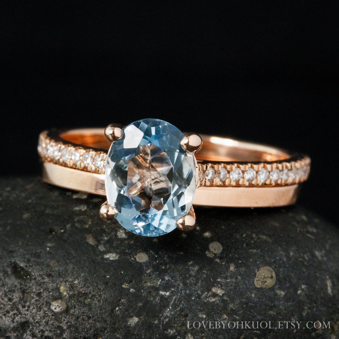 Rose Gold Blue Aquamarine Engagement Ring & Flat Wedding Band Set ...