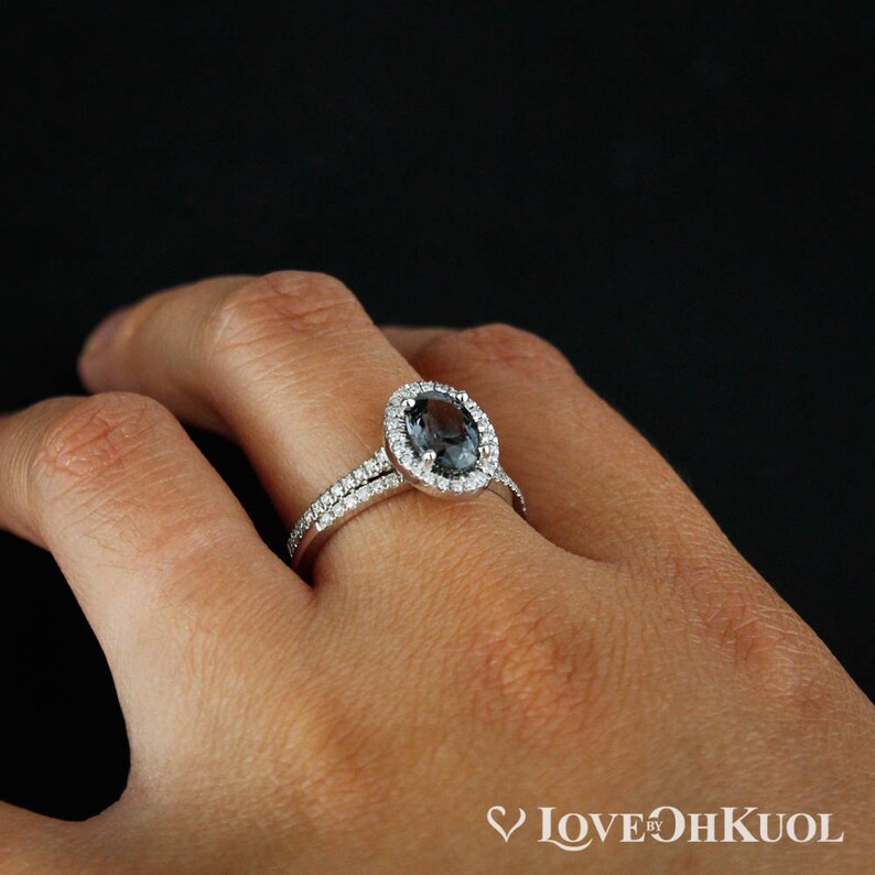Oval Grey Spinel Ring Halo Diamond Engagement Ring Half - Etsy