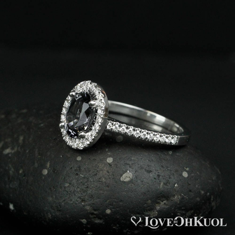 Halo Diamond Gray Spinel Engagement Ring - Oval Cut Grey Spinel - Half ...
