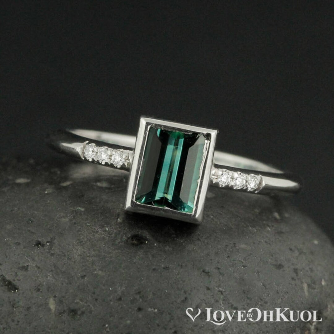 Teal Green Tourmaline Ring Emerald Cut Tourmaline Engagement Ring - Etsy