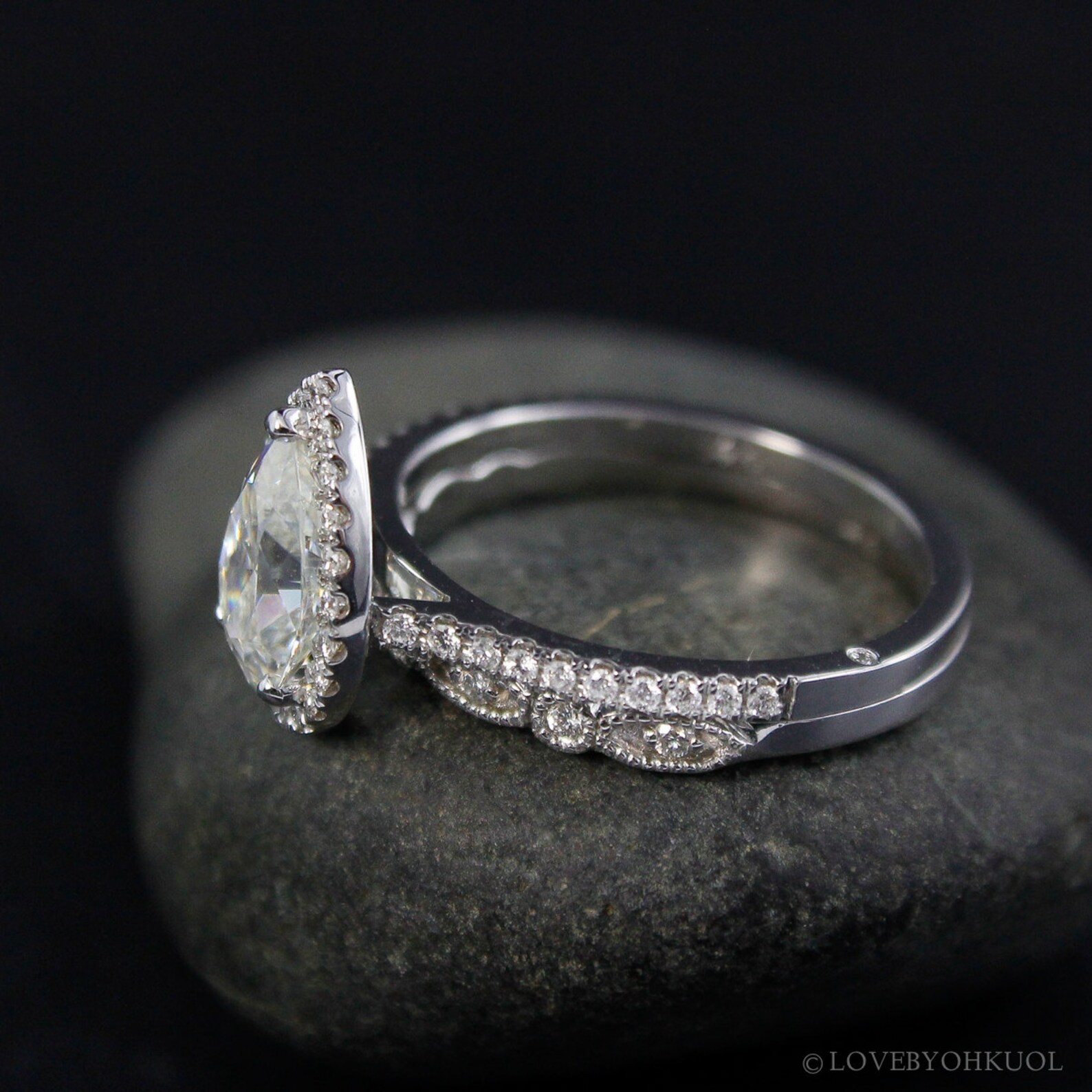 Forever One White Gold Vintage Pear Cut Moissanite Halo Diamond ...