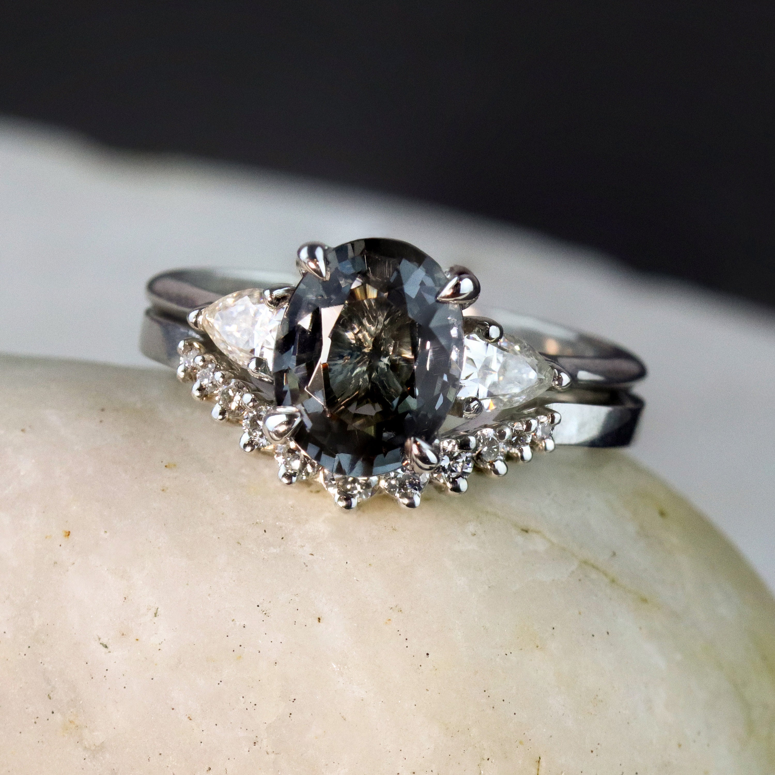Oval Gray Spinel Engagement Ring Curved Wedding Band Bridal - Etsy