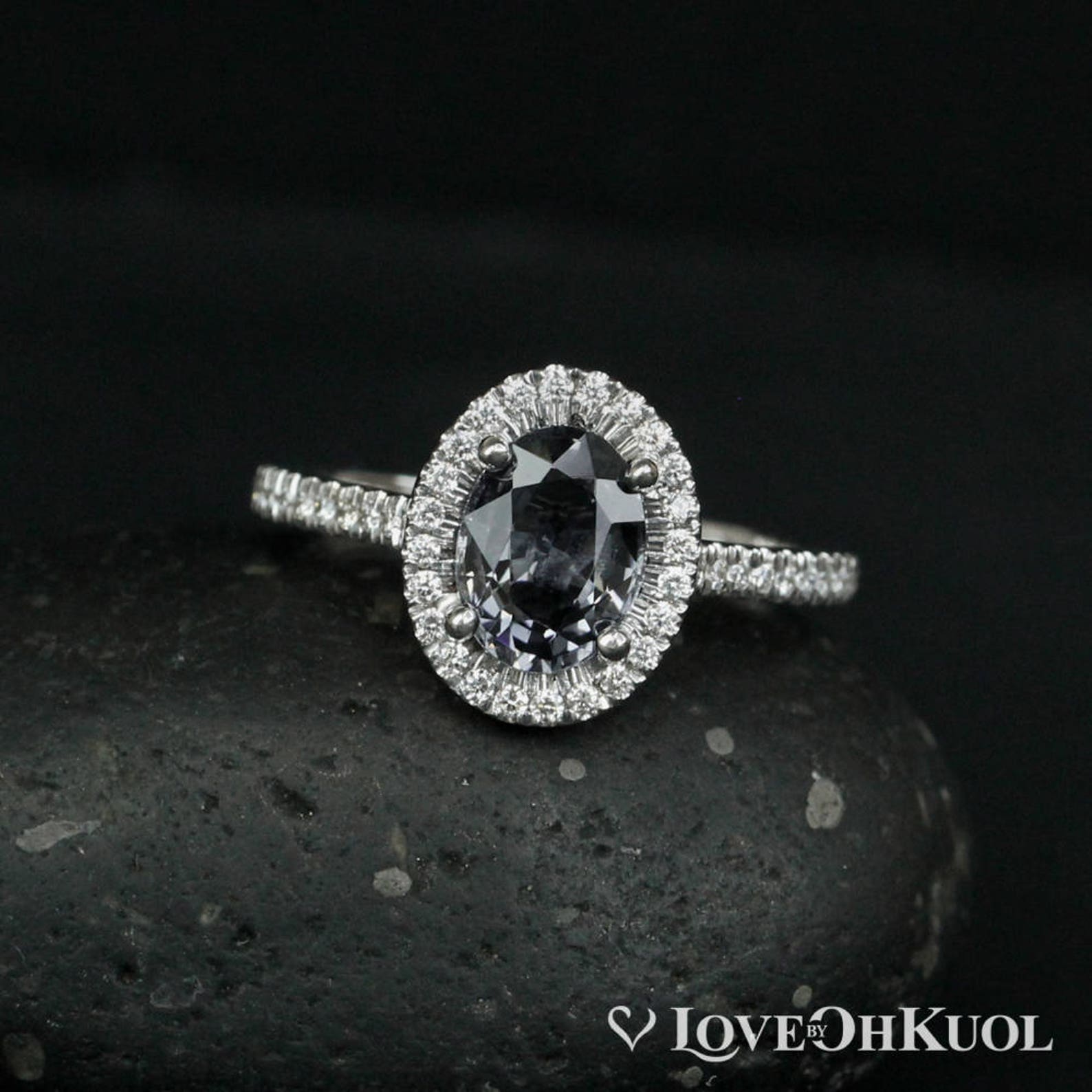 Halo Diamond Gray Spinel Engagement Ring - Oval Cut Grey Spinel - Half ...