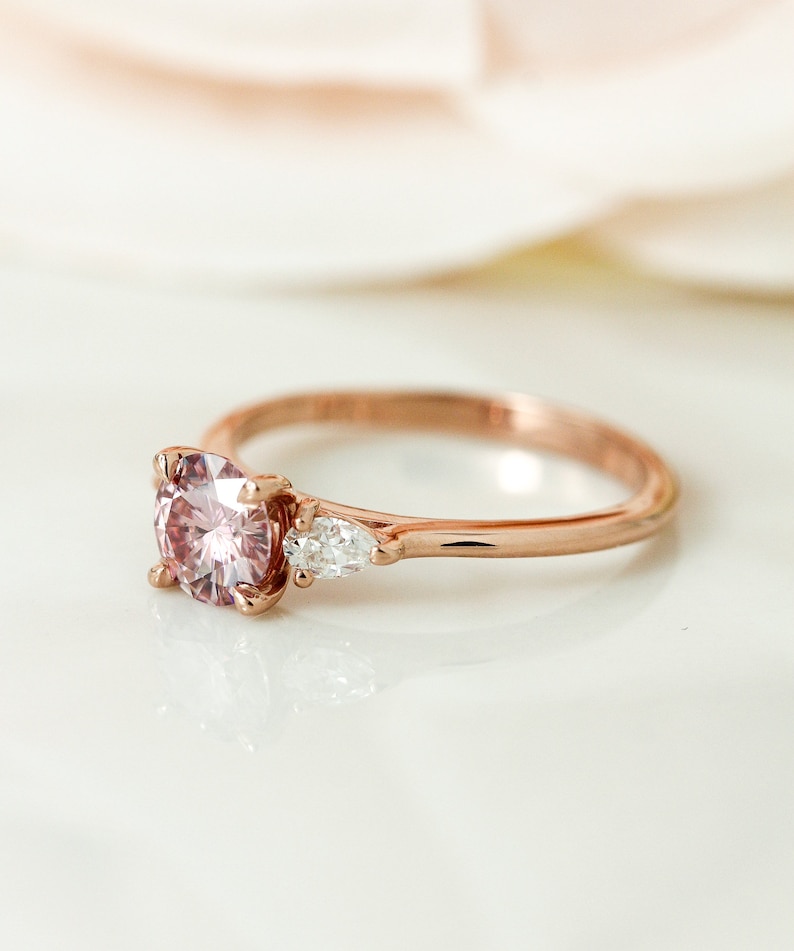Pink Moissanite Engagement Ring: Round Cut, 14K Rose Gold, Pear Diamond ...