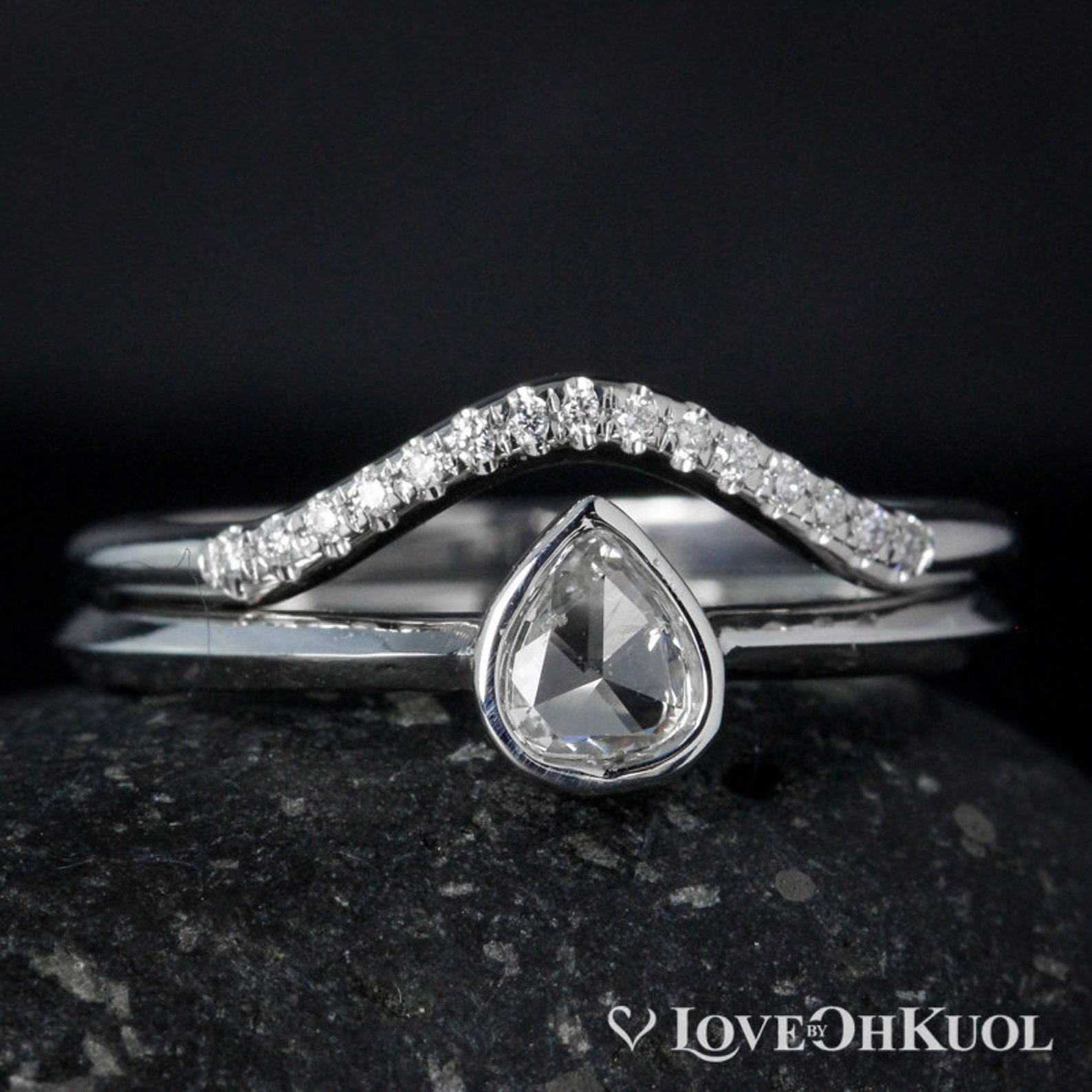 White Gold Teardrop Diamond Ring Wedding Band Set Curved - Etsy White Gold Teardrop Diamond Ring Wedding Band Set Curved - Etsy