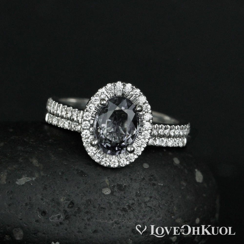 Oval Grey Spinel Ring - Halo Diamond - Engagement Ring, Half Eternity ...