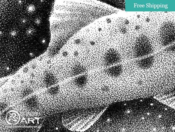Framed Hand-drawn Pointillism "cherry Salmon", Original Pen Drawing ...