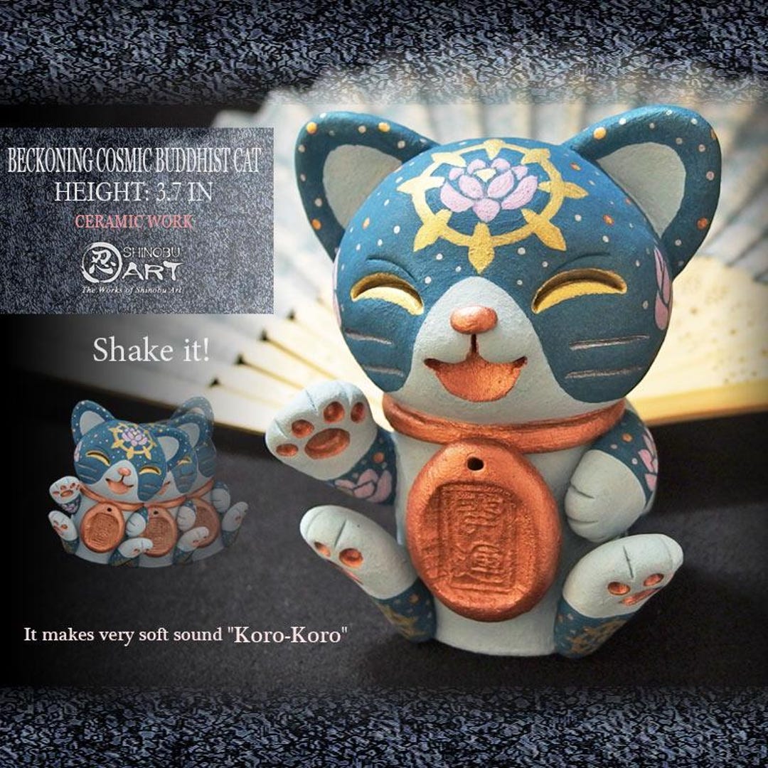 Ceramic Kaiun Beckoning Buddhist Cat "dharma Wheel and Lotus Flower ...