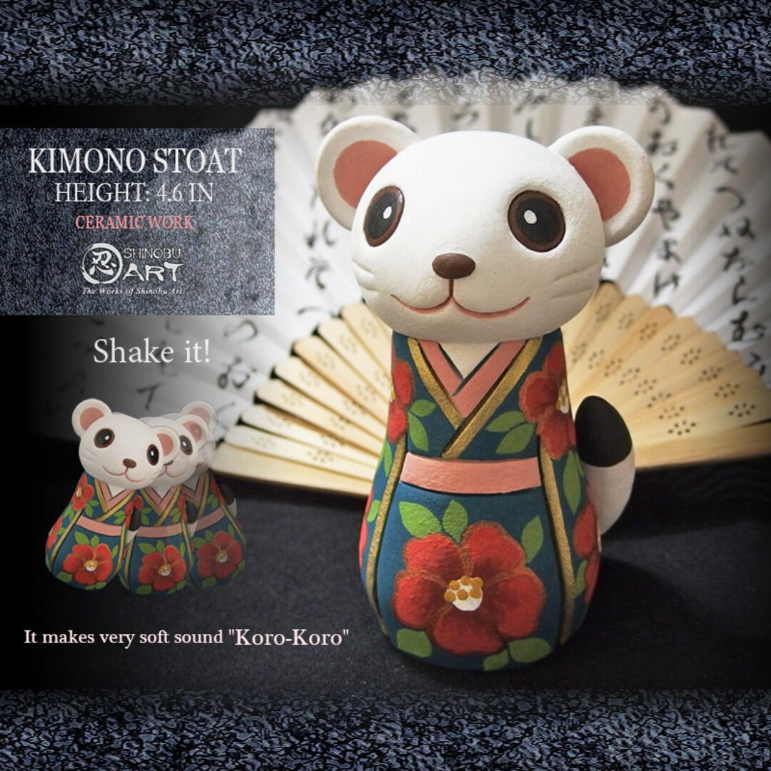 Ceramic Kimono Stoat tsubaki Japanese Camellia height:4.6in, Kokeshi ...