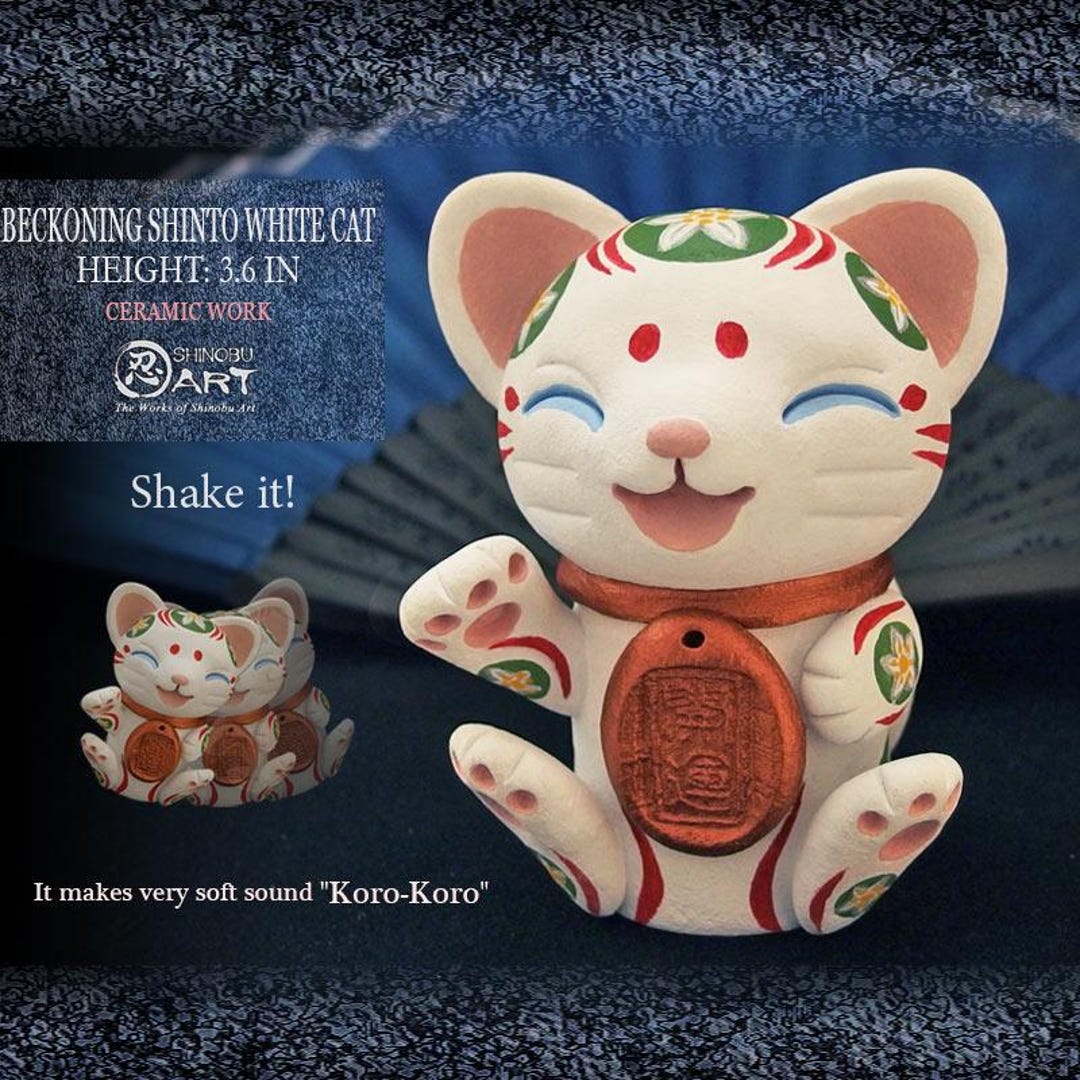 Ceramic Kaiun Beckoning Shinto White Cat tachibana height:3.6in ...