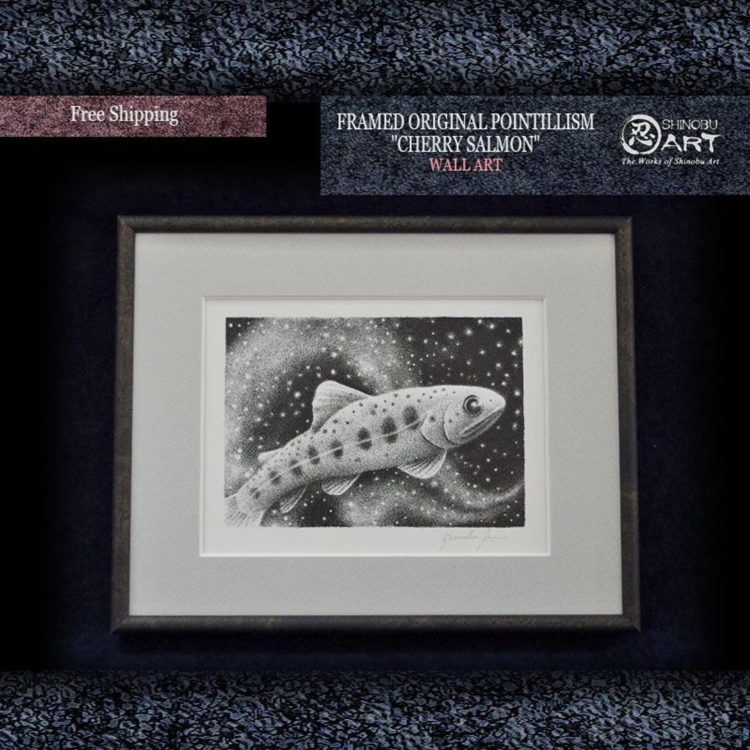 Framed Hand-drawn Pointillism "cherry Salmon", Original Pen Drawing ...