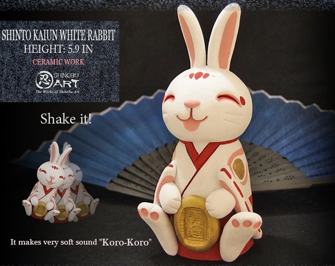 Ceramic Shinto Kaiun White Rabbit height:5.9in, Ceramic Figural Bell ...