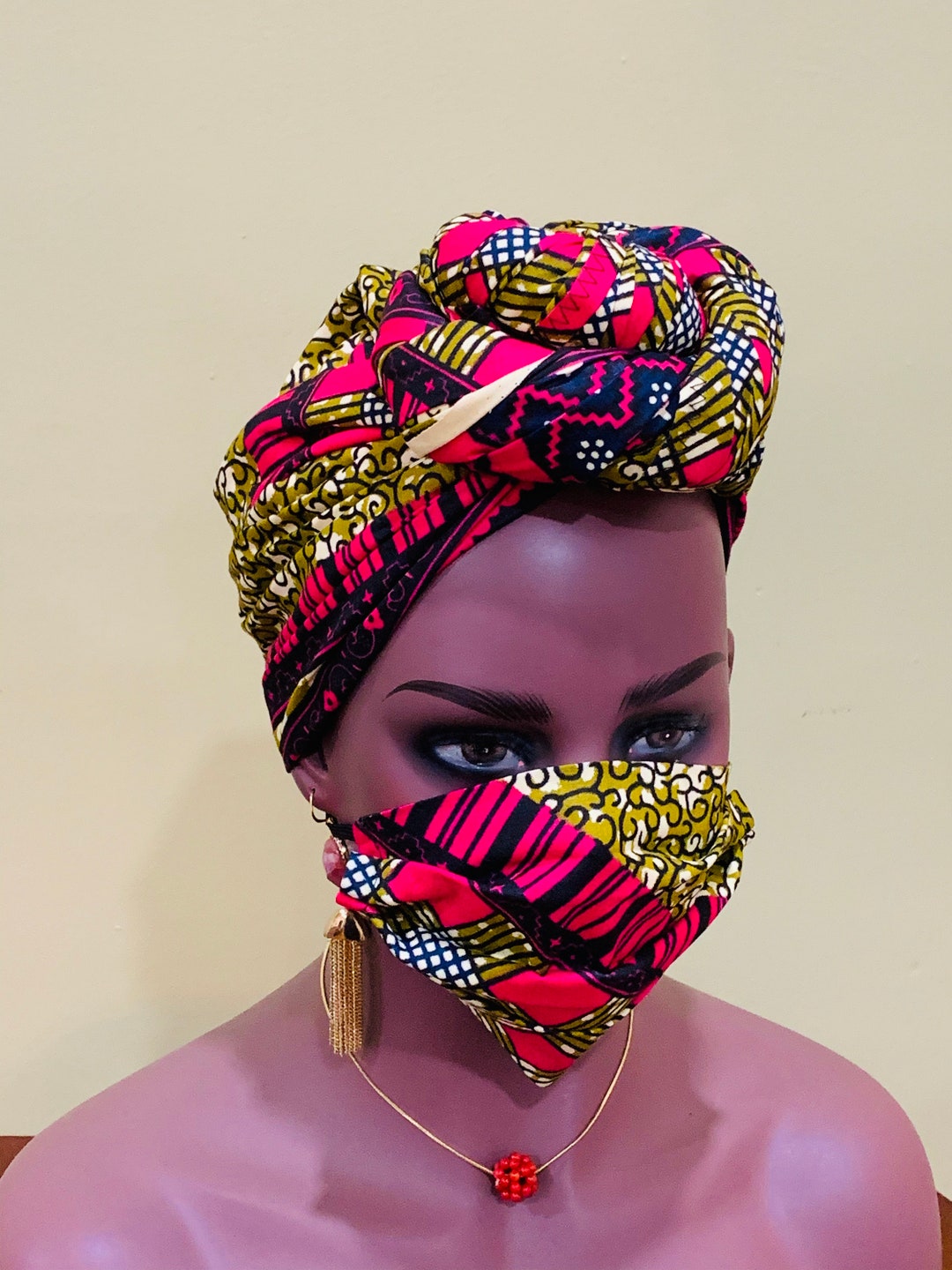 African Print Fabric Mask and Head Wrap Set: Reusable Cotton Face ...