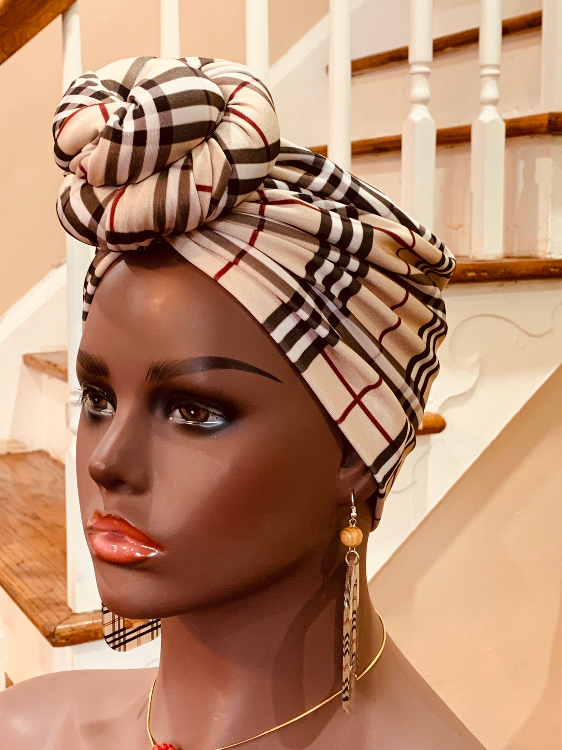 Pre Tied Turban Women Headwrap Black Red Beige Plaid Turban Etsy